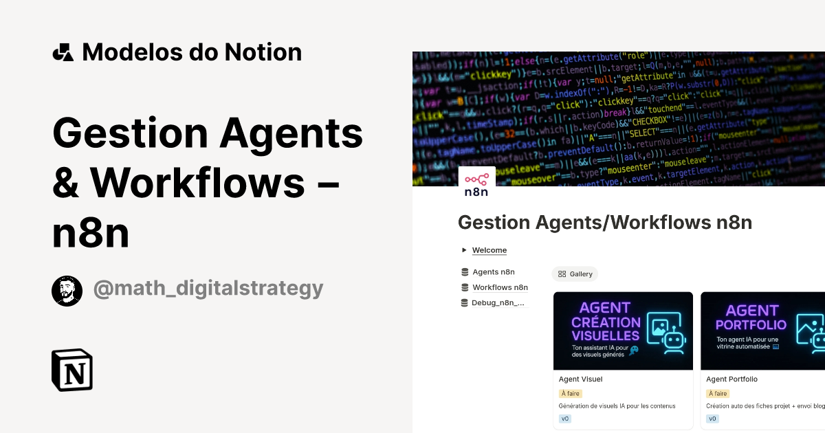 Gestion Agents & Workflows – n8n Modelo por Math | Marketplace do Notion