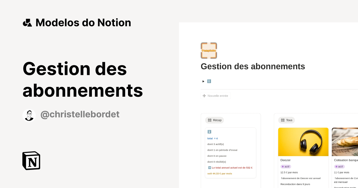 Modelo Gestion des abonnements | Marketplace do Notion