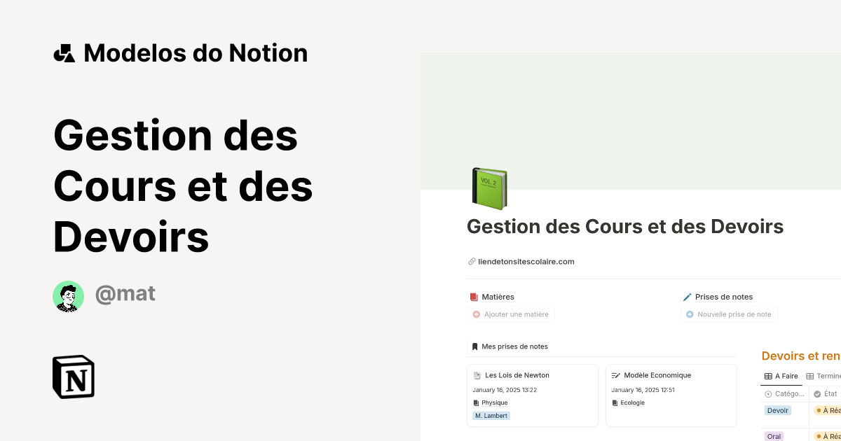 Modelo Gestion des Cours et des Devoirs | Marketplace do Notion