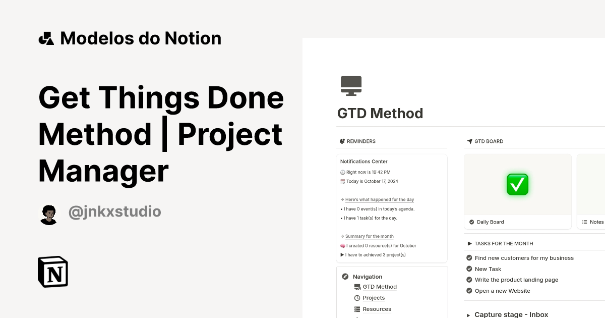 Modelo Get Things Done Method | Project Manager | Marketplace do Notion