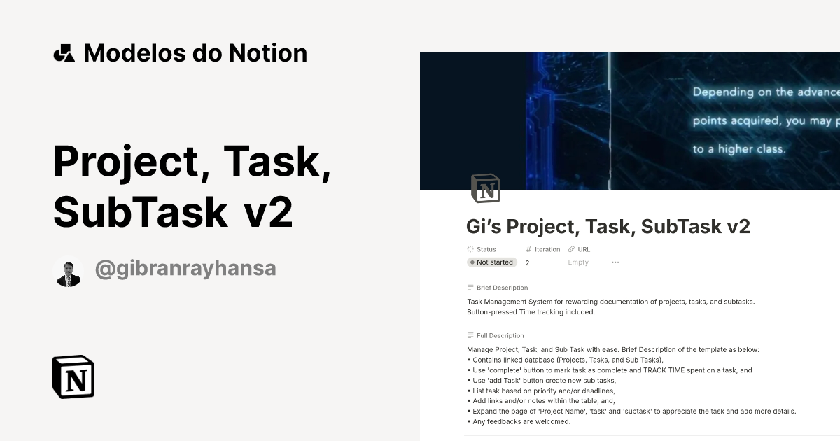 Project, Task, SubTask v2 Modelo por Gibran Rayhansa | Marketplace do Notion
