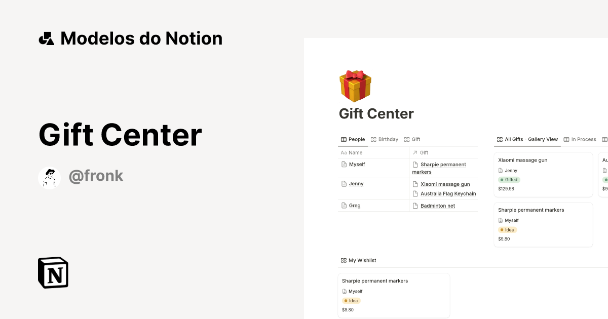 Gift Center Modelo por Fronk | Marketplace do Notion