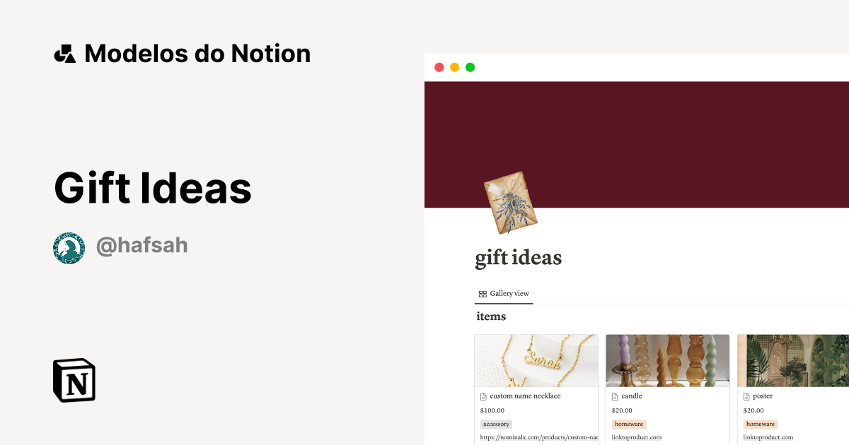 Gift Ideas Modelo por Hafsah I | Marketplace do Notion