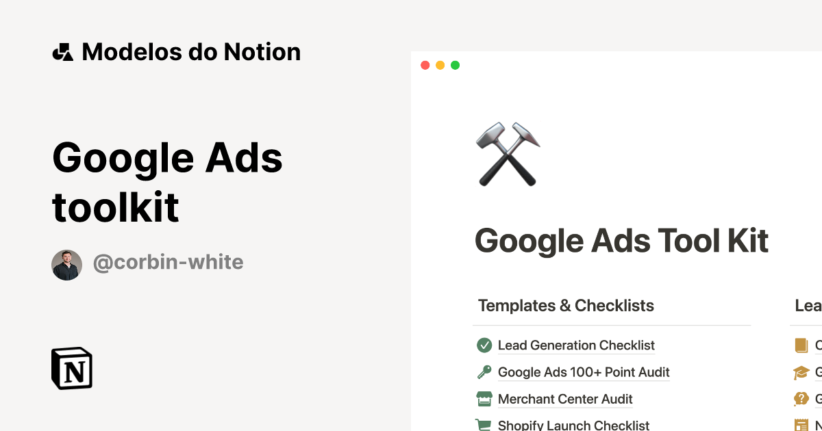 Google Ads toolkit Modelo por Corbin White | Marketplace do Notion