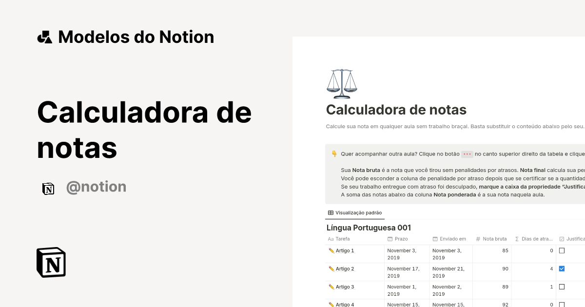 Modelo Calculadora de notas 2025 | Marketplace do Notion