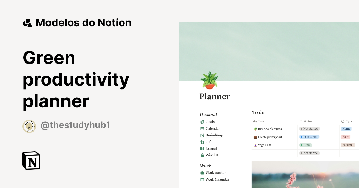Green productivity planner Modelo por The Study Hub | Marketplace do Notion