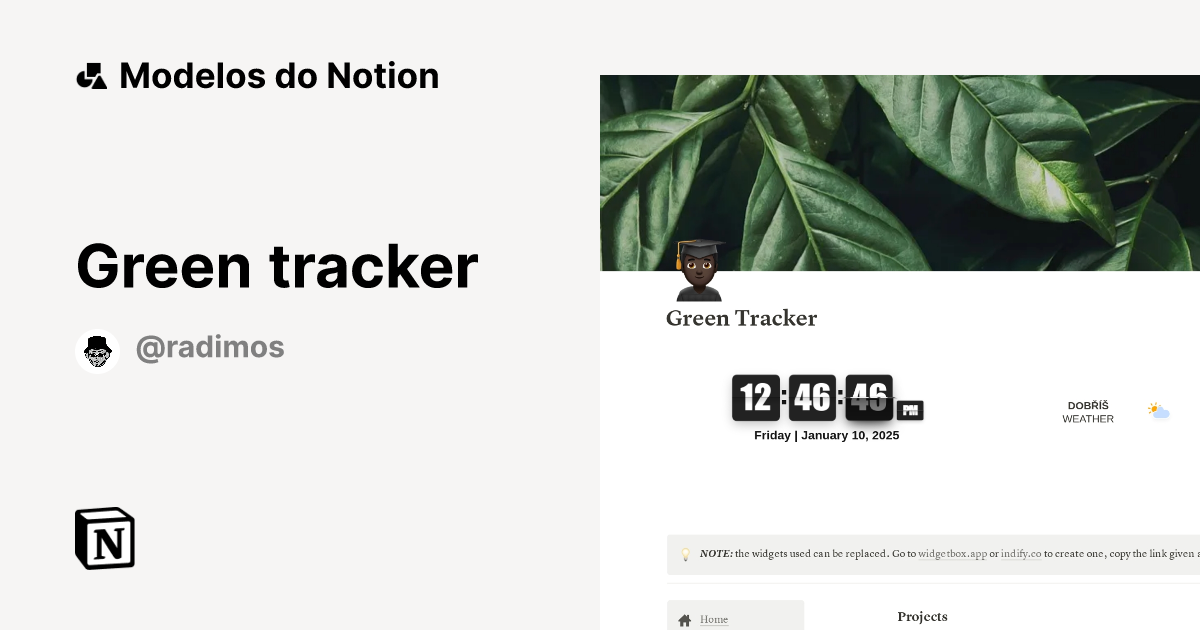 Green tracker Modelo por Radimos | Marketplace do Notion