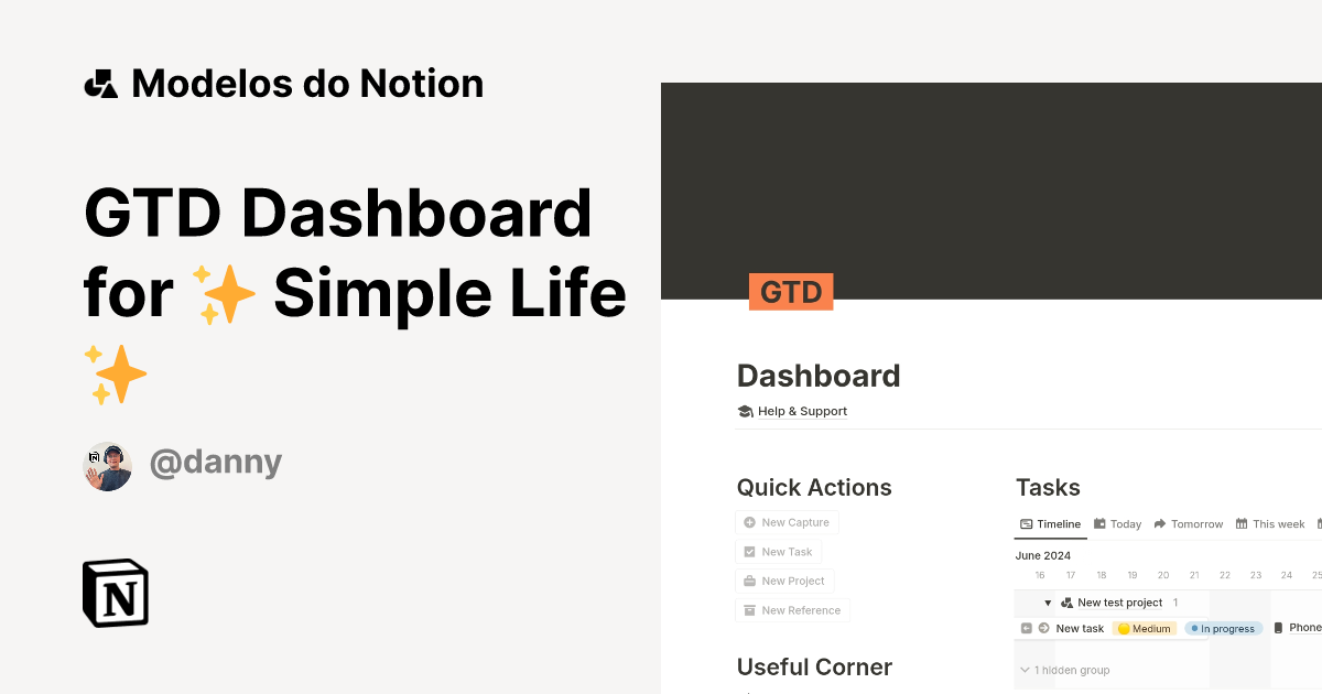 GTD Dashboard for Simple Life Modelo por Danny | Marketplace do Notion