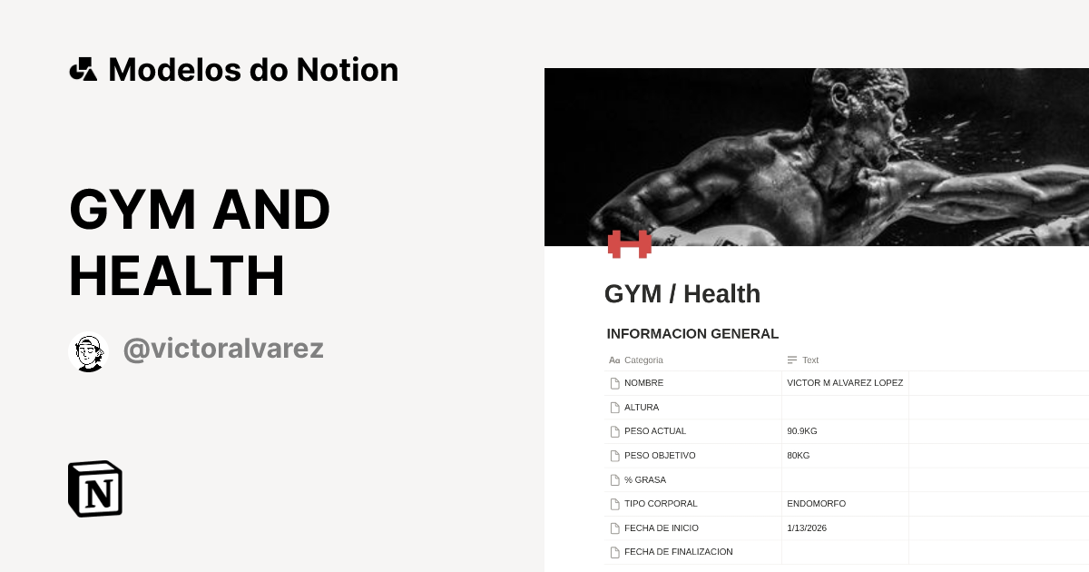 Modelo GYM AND HEALTH | Marketplace do Notion
