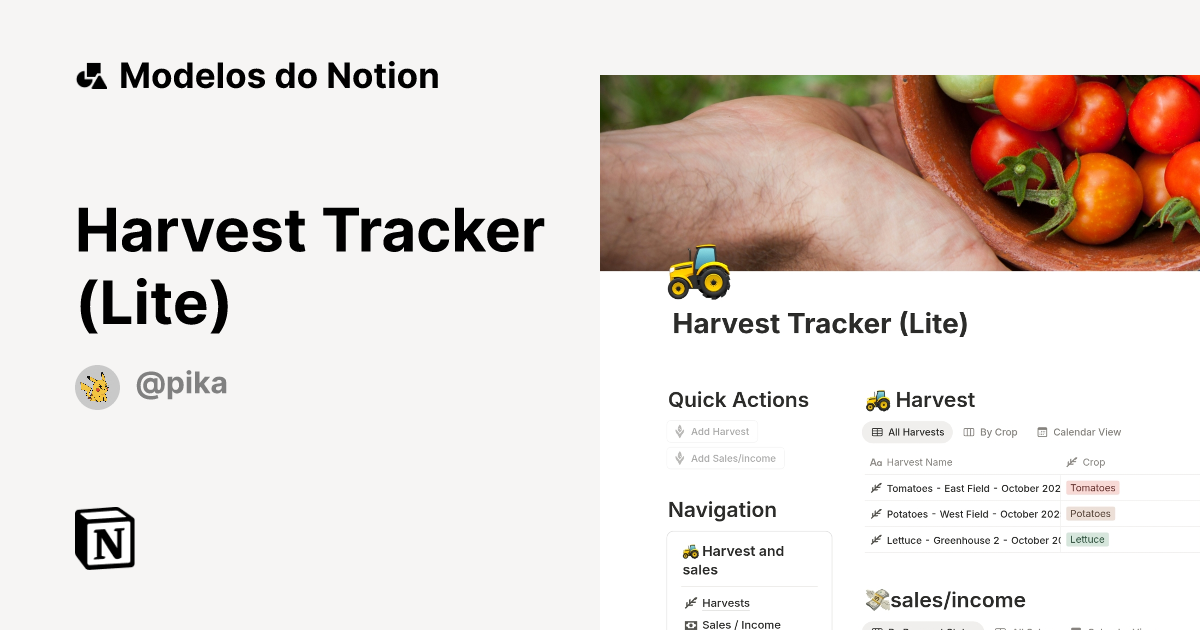 Harvest Tracker (Lite) Modelo por Pika | Marketplace do Notion