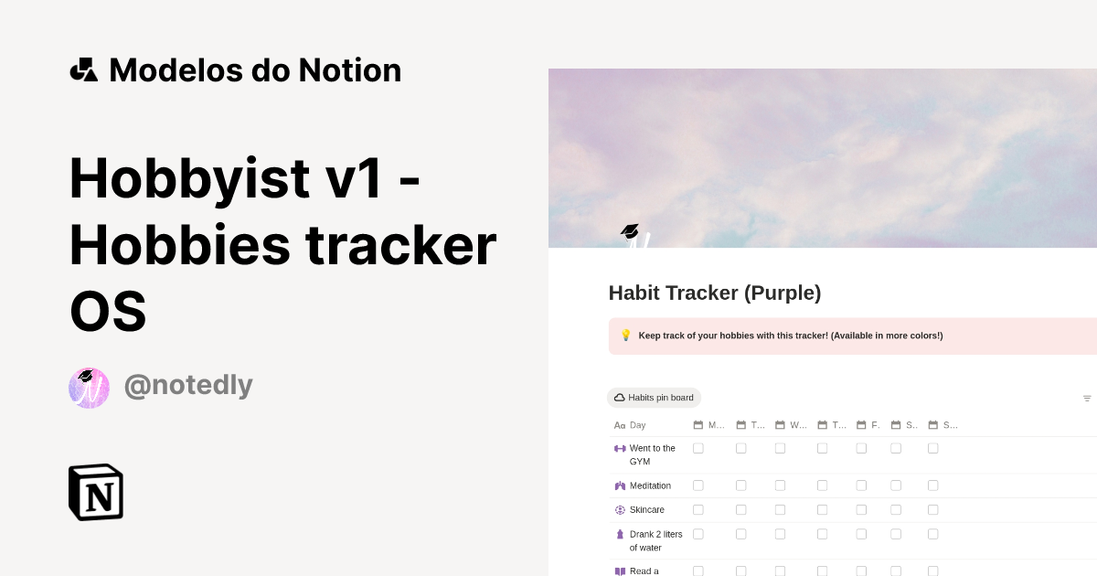 Hobbyist v1 - Hobbies tracker OS Modelo por Notedly | Marketplace do Notion