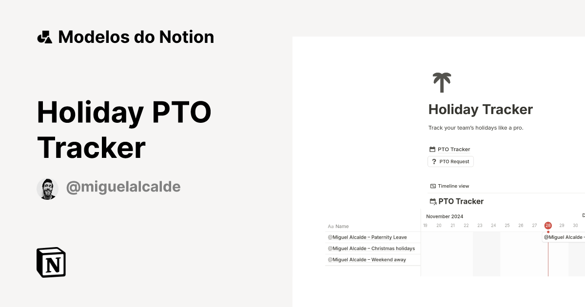 Modelo Holiday PTO Tracker | Marketplace do Notion
