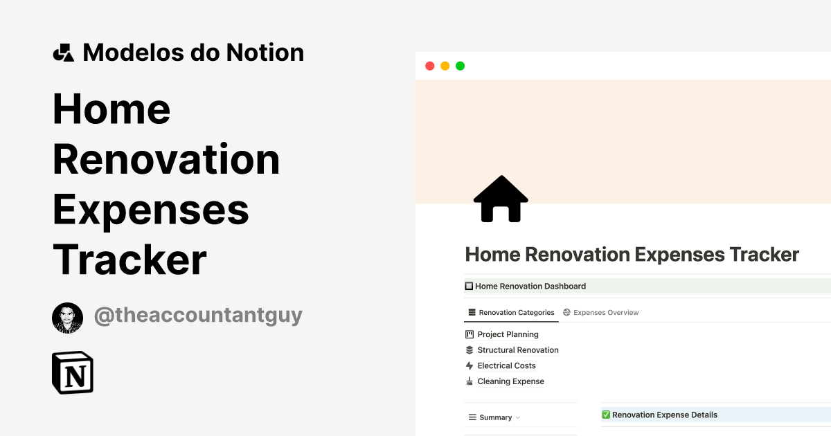Modelo Home Renovation Expenses Tracker | Marketplace do Notion