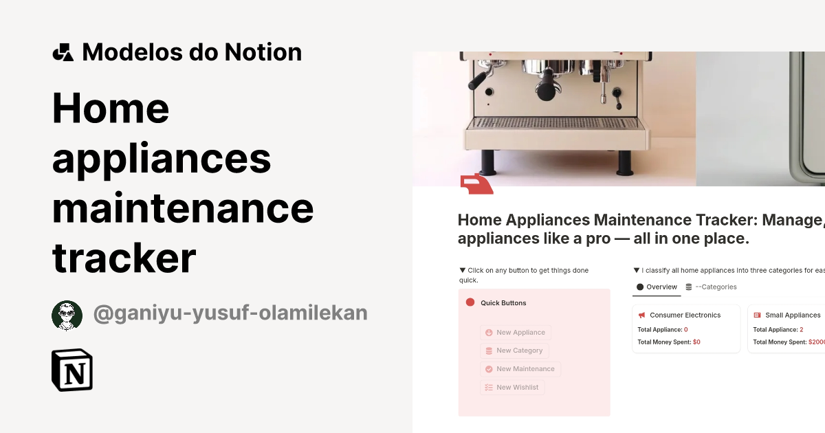 Modelo Home appliances maintenance tracker | Marketplace do Notion