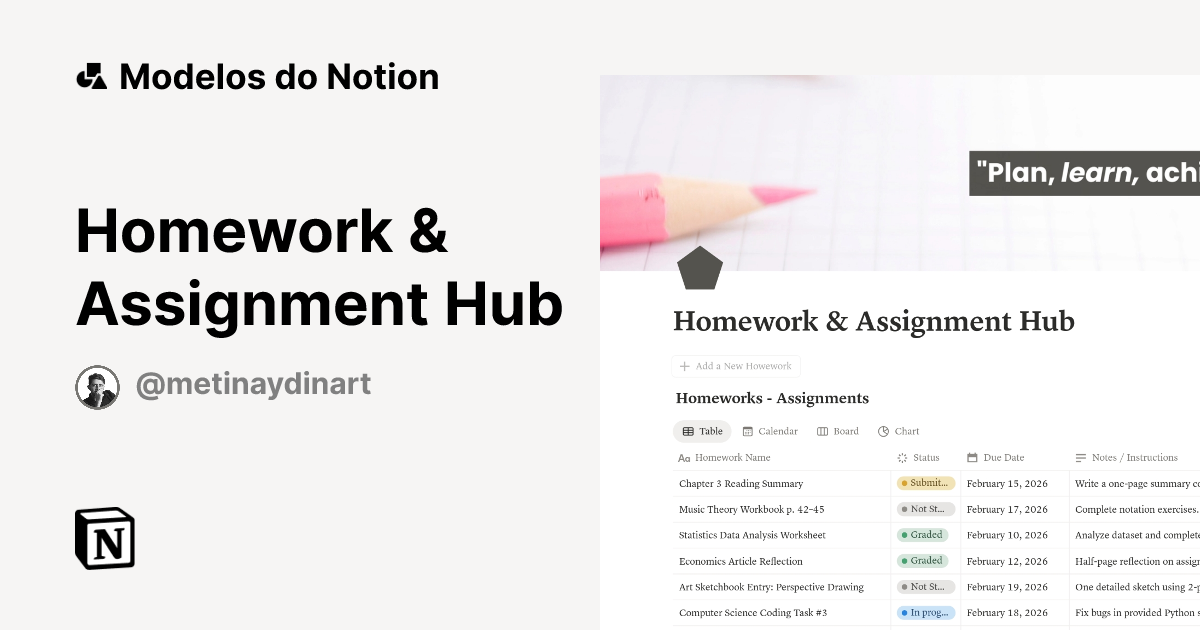 Homework & Assignment Hub Modelo por Metin Aydın | Marketplace do Notion