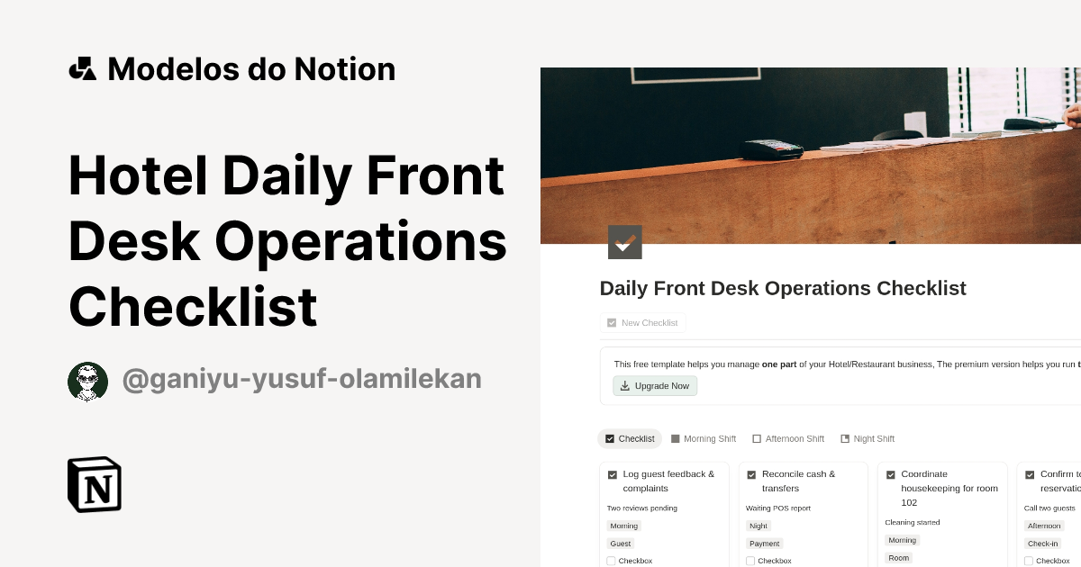 Hotel Daily Front Desk Operations Checklist Modelo por Notionallity ...