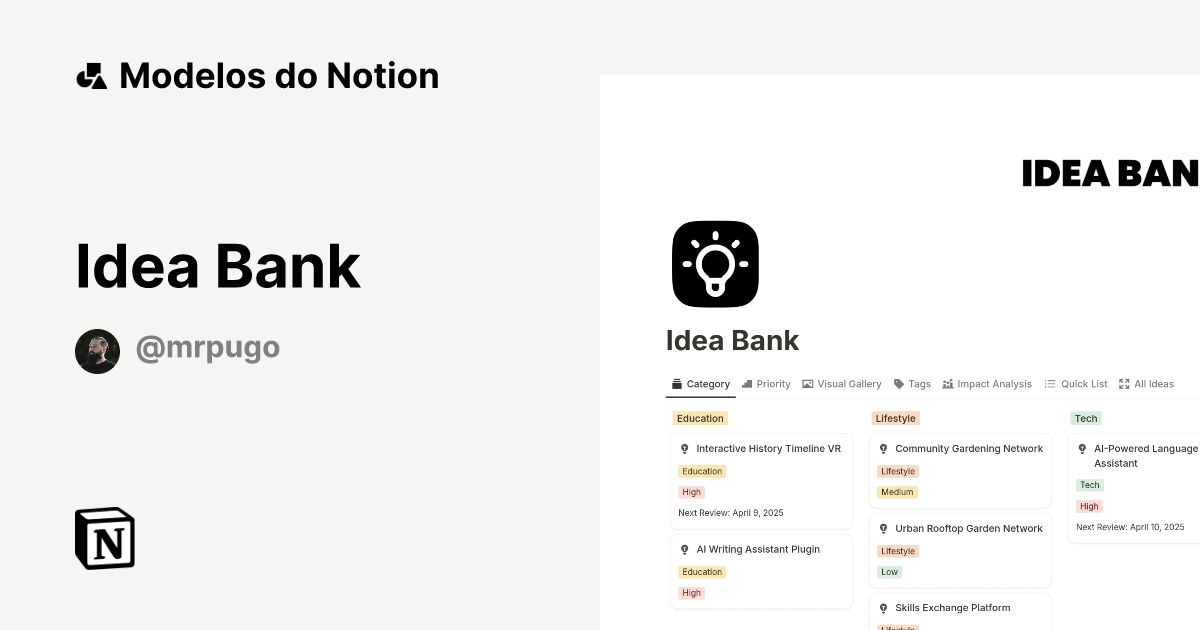 Idea Bank Modelo por mrpugo | Marketplace do Notion