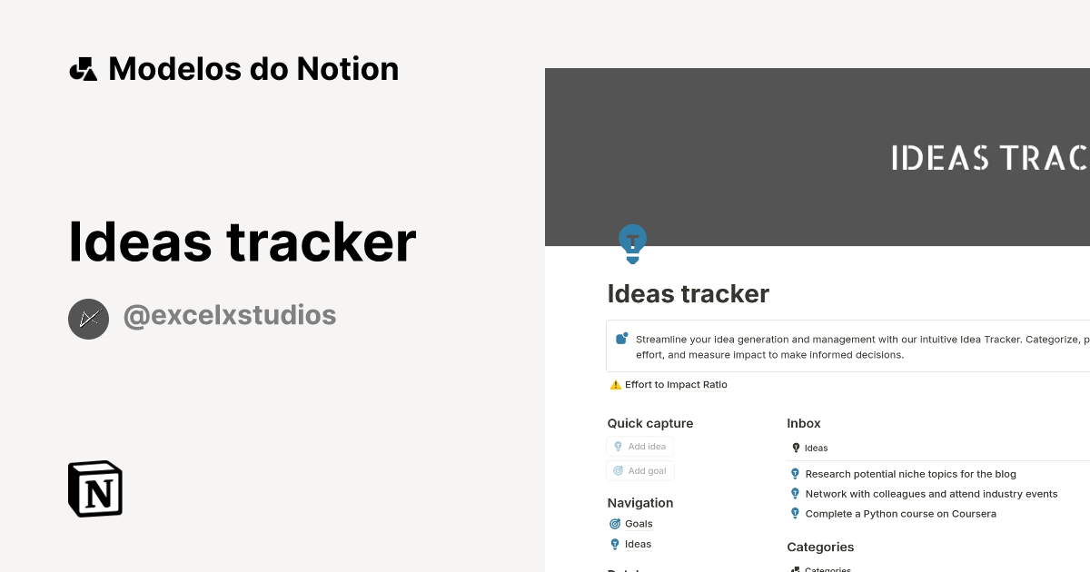 Ideas tracker Modelo por Excel Studios | Marketplace do Notion