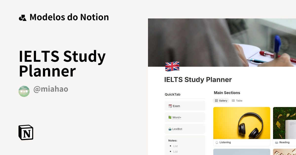IELTS Study Planner Modelo por Mia | Marketplace do Notion