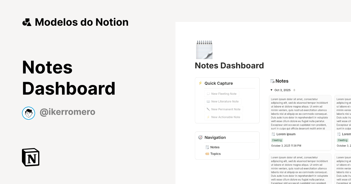 Notes Dashboard Modelo por Iker Romero | Marketplace do Notion
