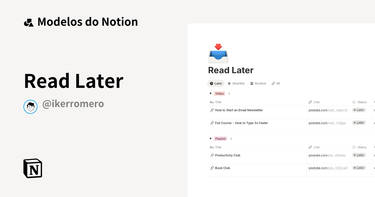 Modelo Read Later | Marketplace do Notion