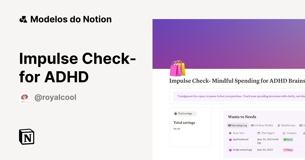 Impulse Check-for ADHD Modelo por Royalcool | Marketplace do Notion