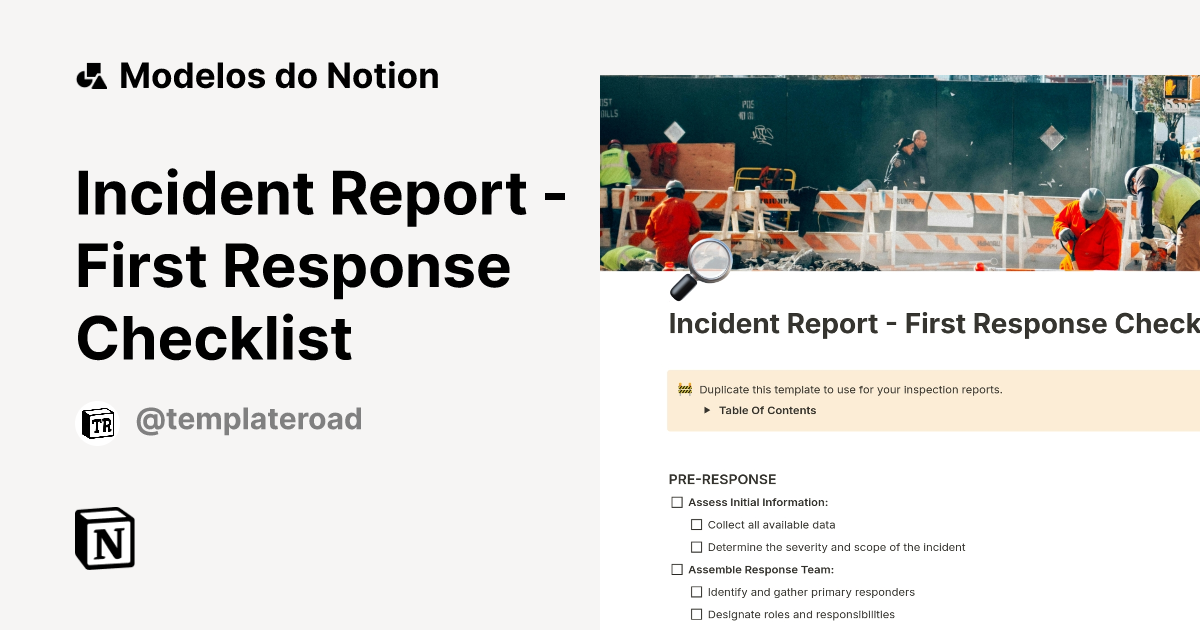 Incident Report - First Response Checklist Modelo por Template Road ...