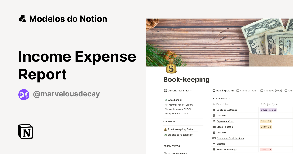 Income Expense Report Modelo por Marvelous Decay | Marketplace do Notion