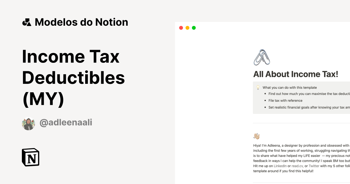Income Tax Deductibles (MY) Modelo por Adleena Ali | Marketplace do Notion