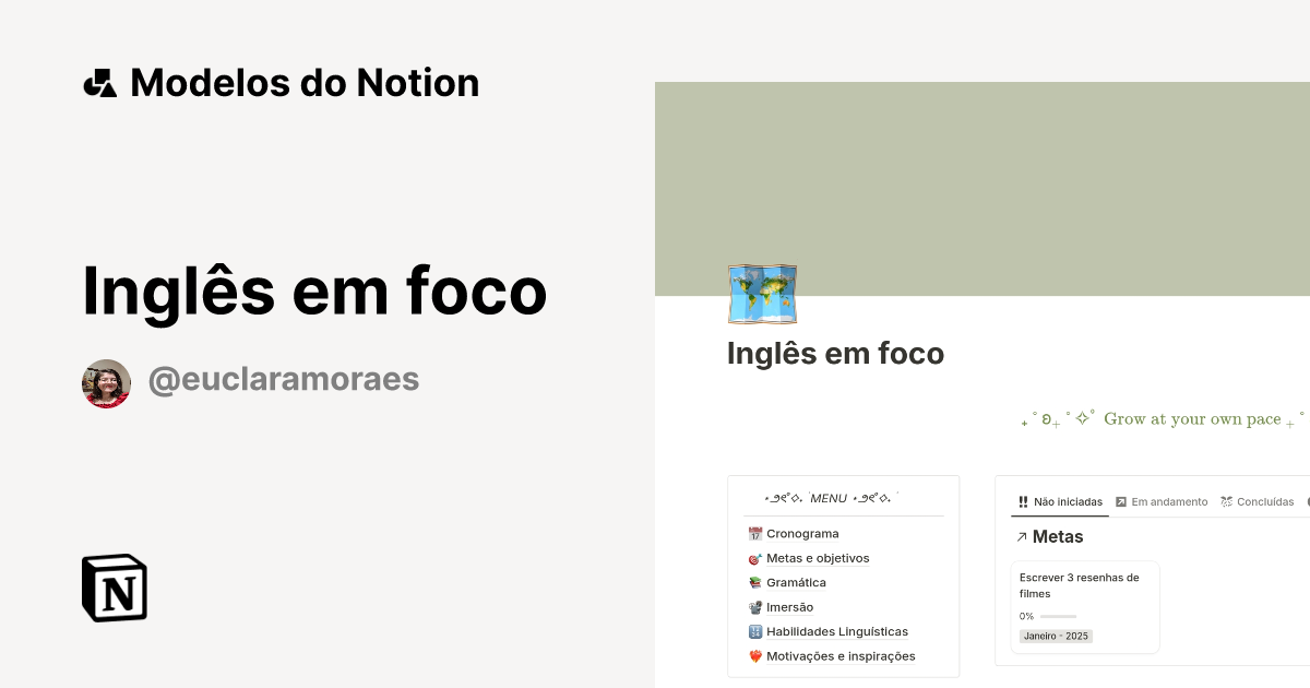 Inglês em foco Modelo por Clara Moraes | Marketplace do Notion