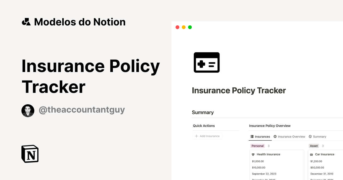 Modelo Insurance Policy Tracker | Marketplace do Notion