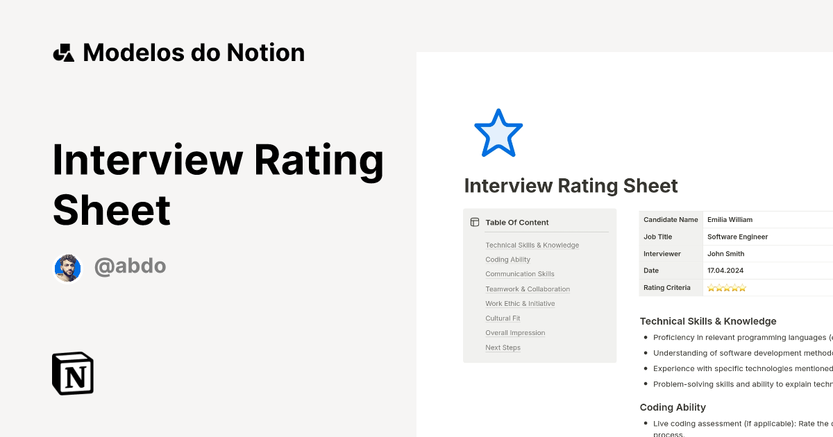 Interview Rating Sheet Modelo por Abdo Karmalla | Marketplace do Notion