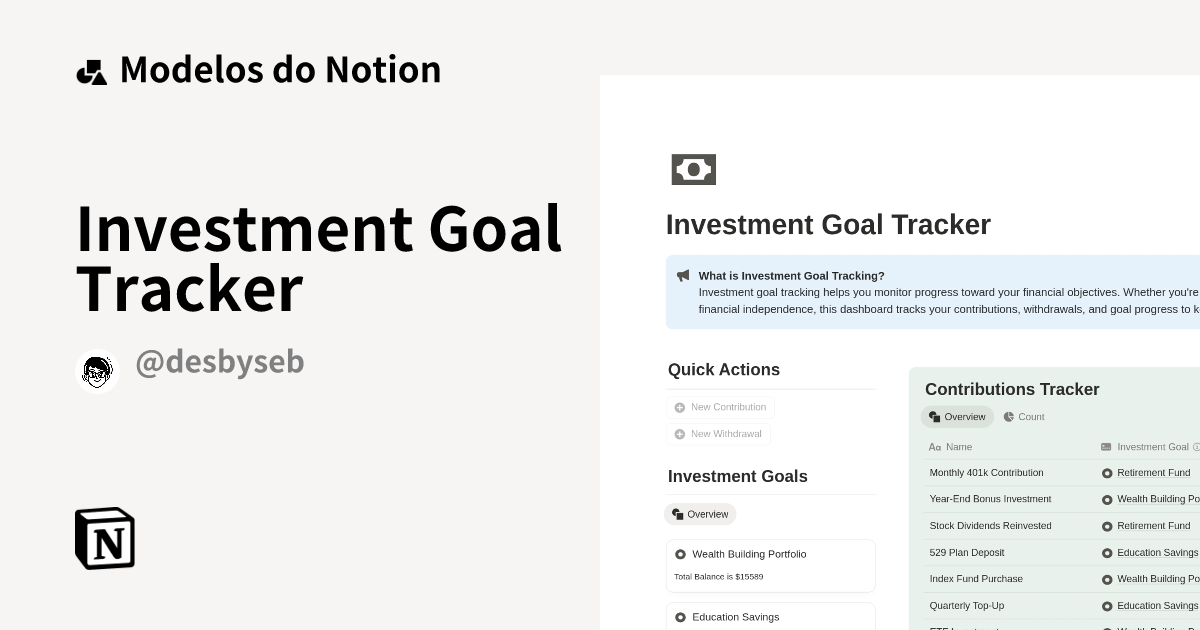Investment Goal Tracker Modelo por desbyseb | Marketplace do Notion
