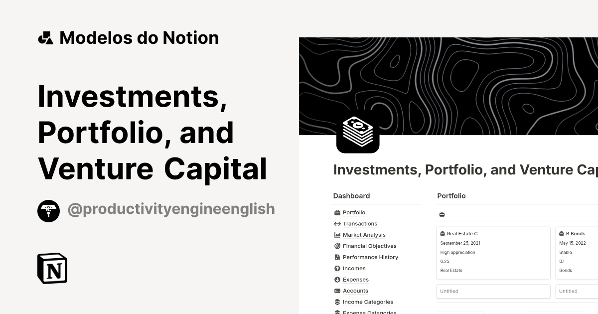 Investments, Portfolio, and Venture Capital Modelo por Productivity Engine | Marketplace do Notion