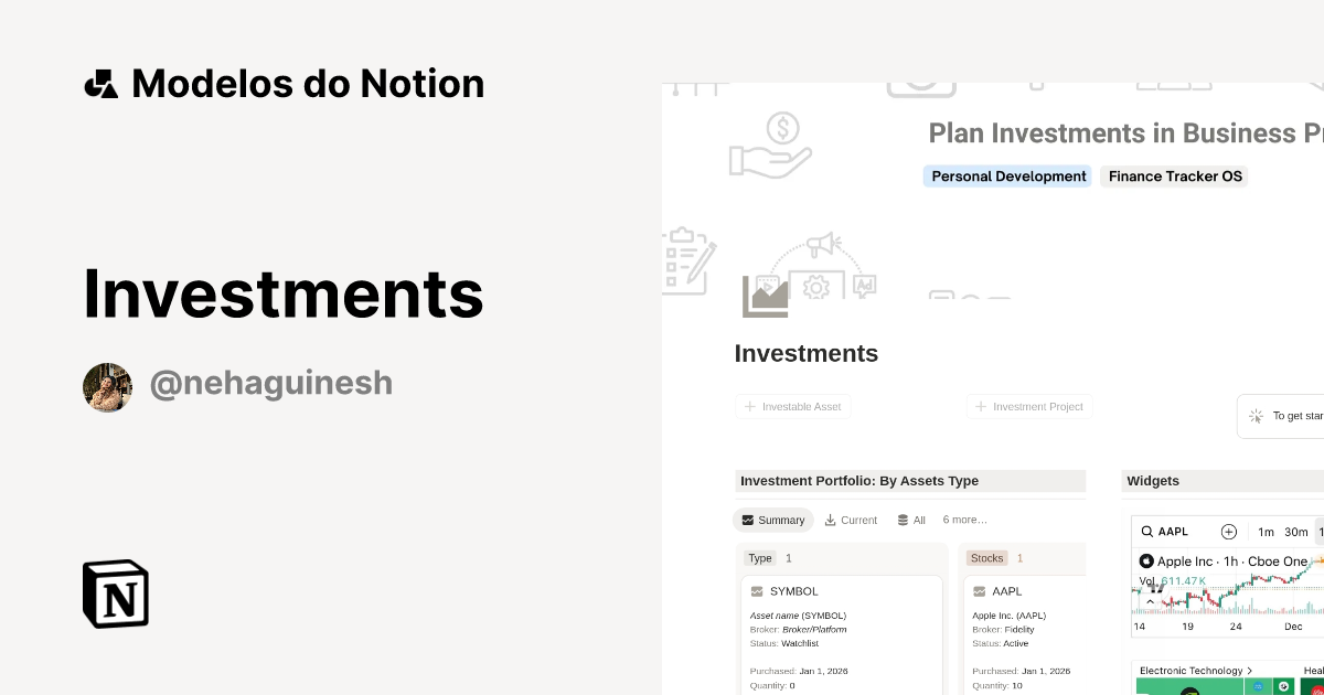 Investments Tracker Modelo por Neha Guinesh | Marketplace do Notion