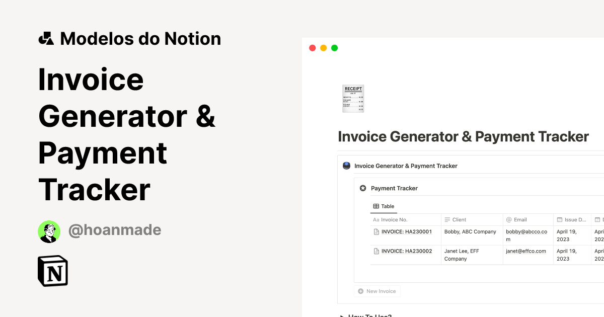 Modelo Invoice Generator & Payment Tracker | Marketplace do Notion