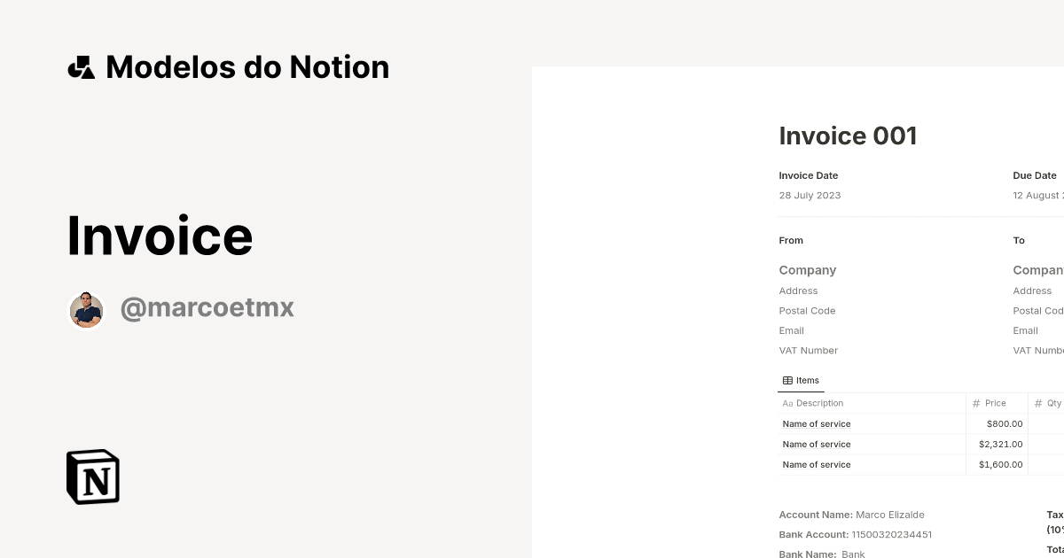 Modelo Invoice | Marketplace do Notion