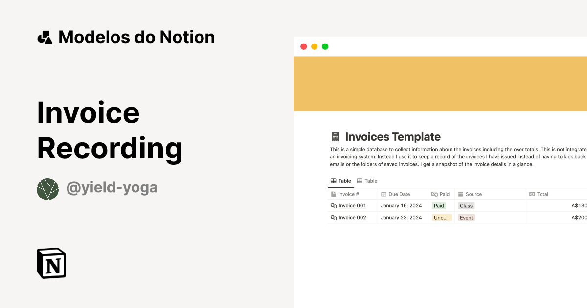Modelo Invoice Recording | Marketplace do Notion