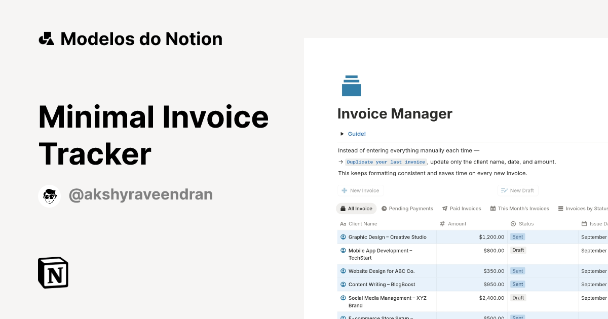 Modelo Minimal Invoice Tracker | Marketplace do Notion