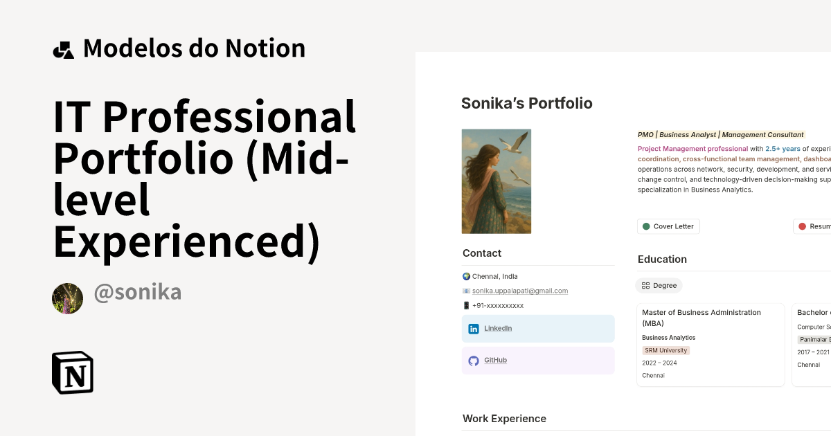 IT Professional Portfolio (Mid-level Experienced) Modelo por sonika | Marketplace do Notion