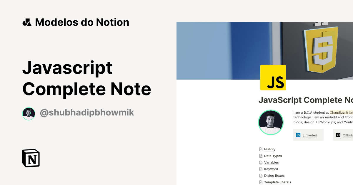 Javascript Complete Note Modelo por Shubhadip Bhowmik | Marketplace do Notion