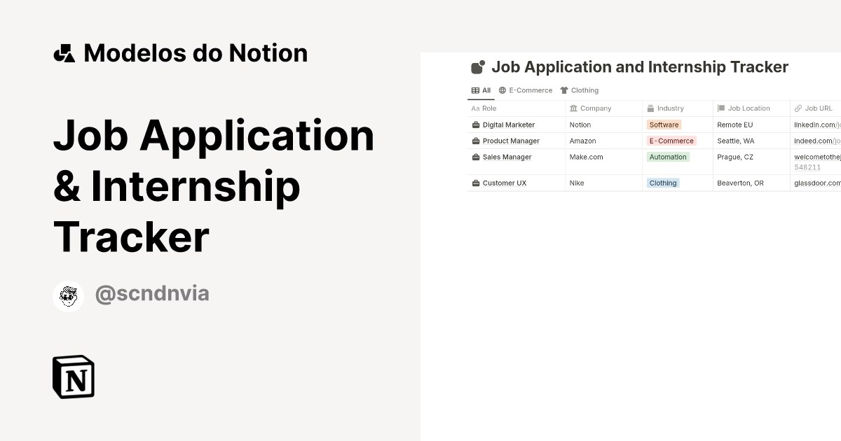 Modelo Job Application & Internship Tracker | Marketplace do Notion
