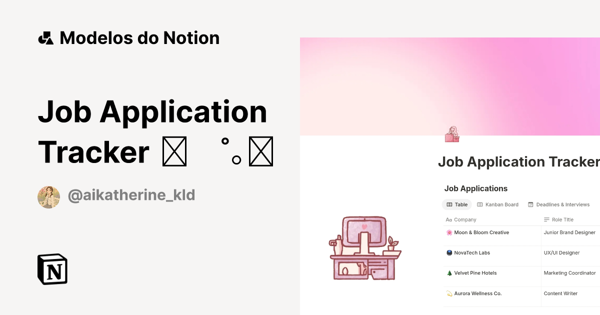 Job Application Tracker ⋆ ︎˚｡⋆ Modelo por aikatherine | Marketplace do Notion