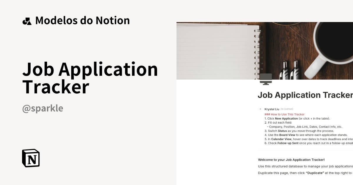 Job Application Tracker Modelo por Sparkle | Marketplace do Notion