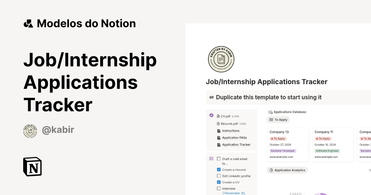 Modelo Job/Internship Applications Tracker | Marketplace do Notion