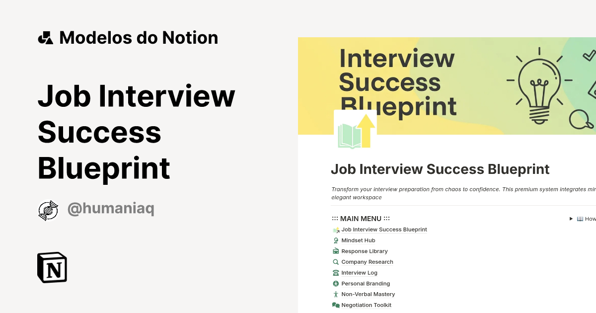 Job Interview Success Blueprint Modelo por Humaniaq | Marketplace do Notion