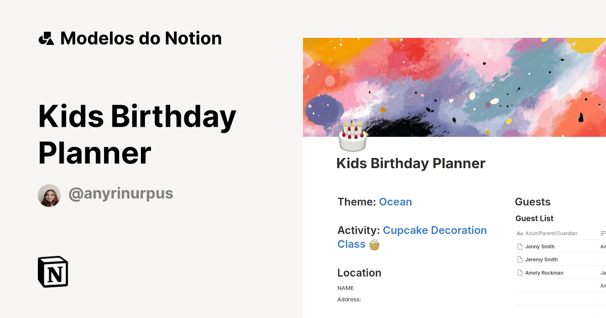 Modelo Kids Birthday Planner | Marketplace do Notion