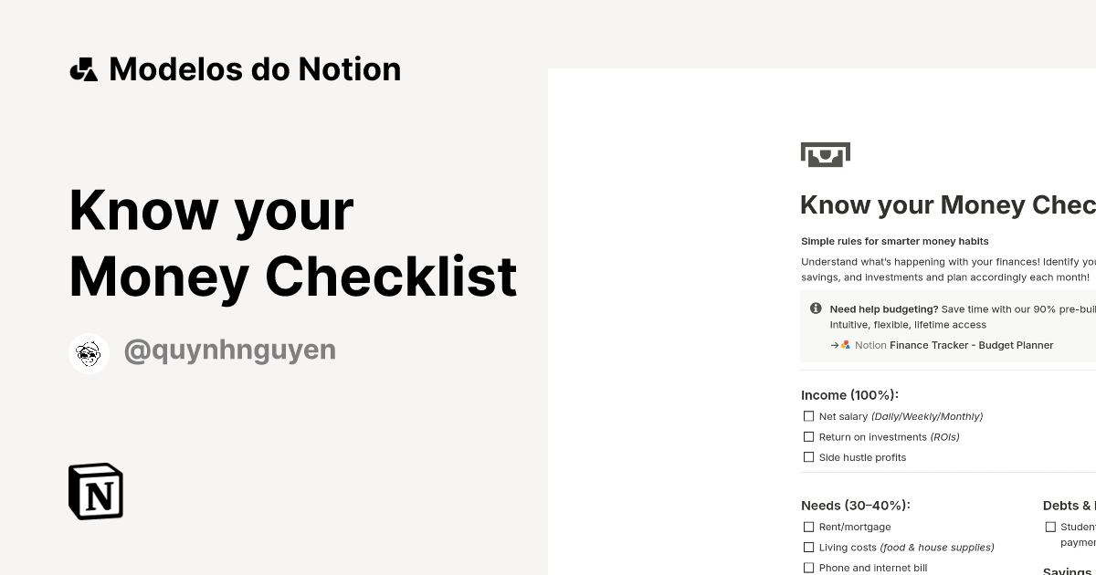 Know your Money Checklist Modelo por Quynh Nguyen | Marketplace do Notion