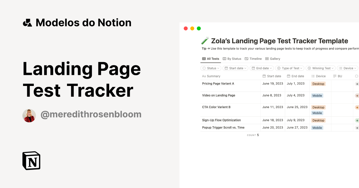 Landing Page Test Tracker Modelo por Meredith Rosenbloom | Marketplace ...