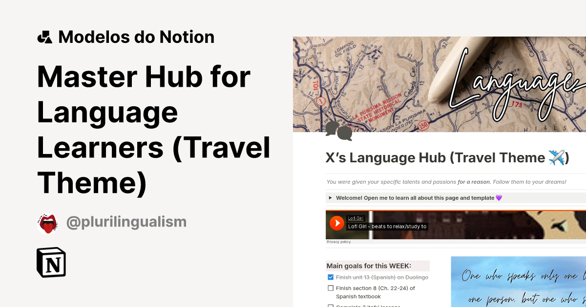 Modelo Master Hub for Language Learners (Travel Theme) | Marketplace do Notion
